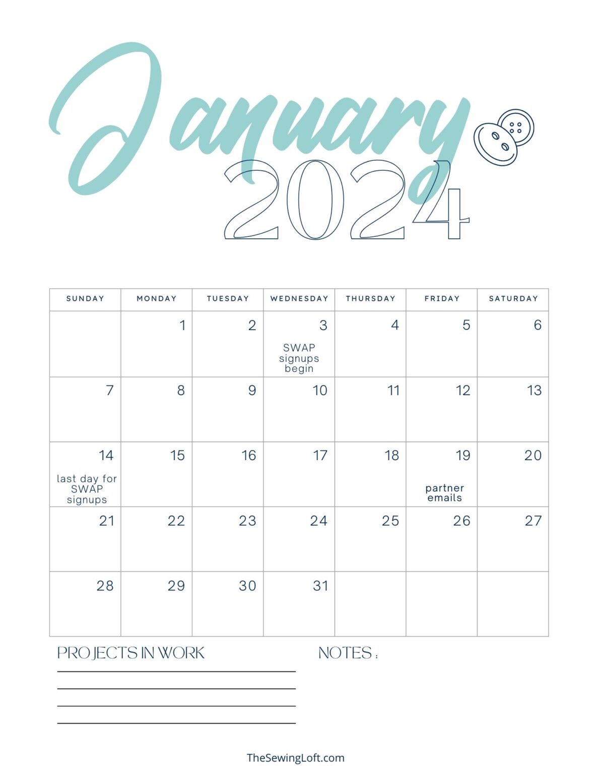 January Monthly Calendar | 2024 - The Sewing Loft