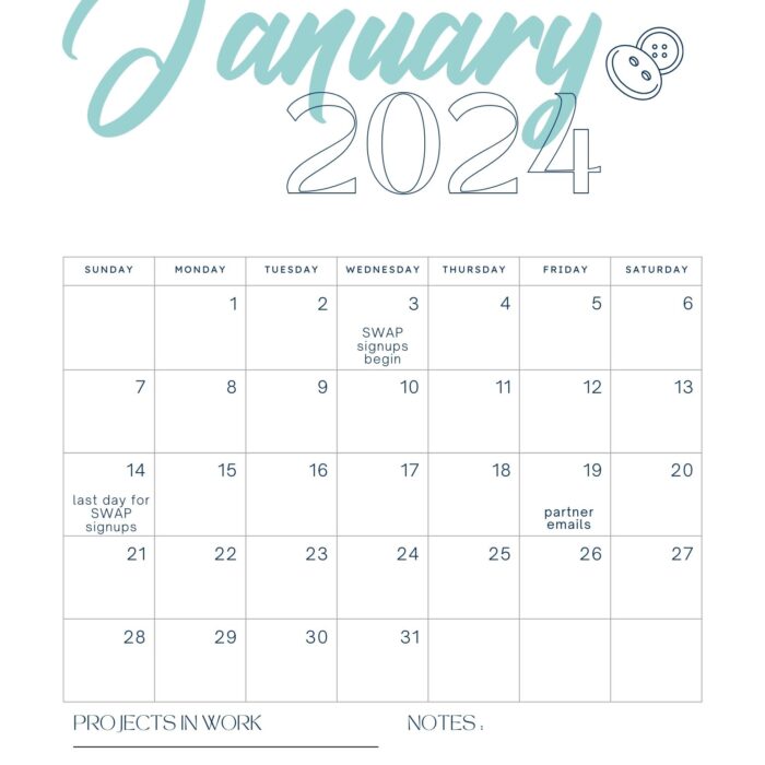 January Monthly Calendar | 2024 - The Sewing Loft