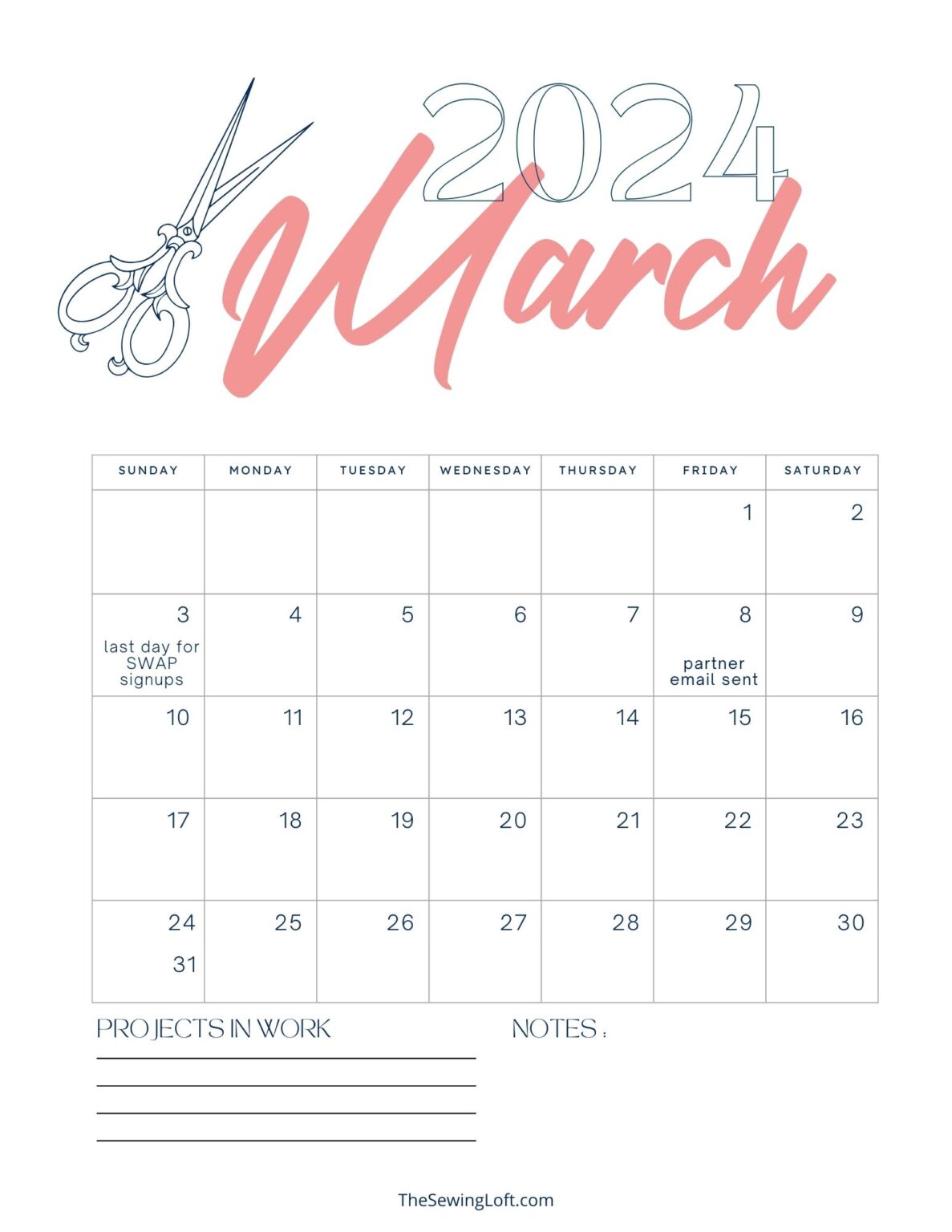 March Printable Calendar - The Sewing Loft