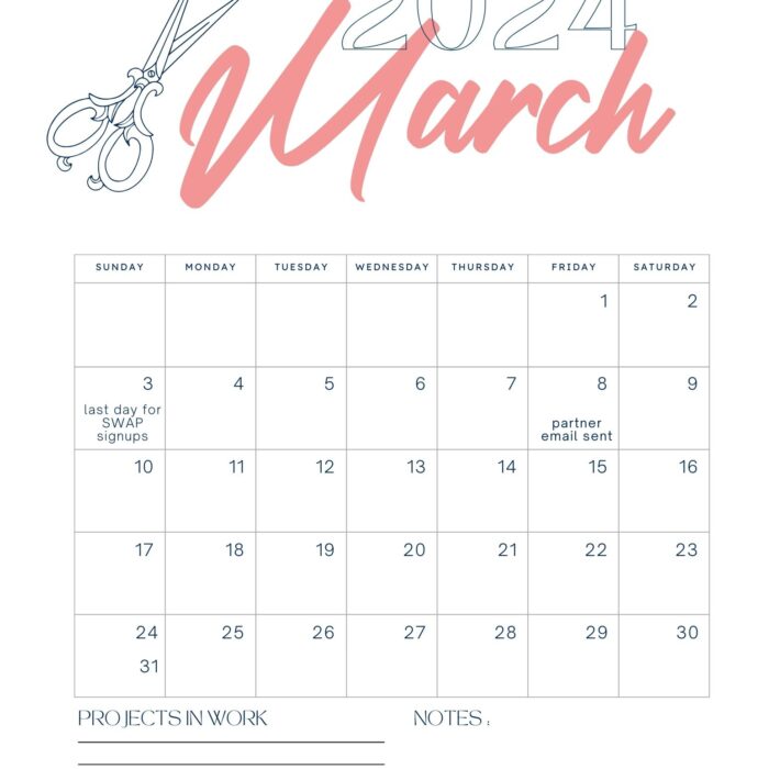 March Printable Calendar - The Sewing Loft