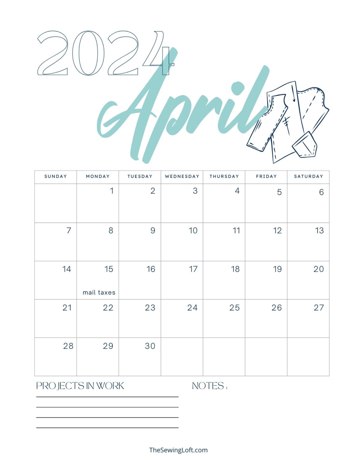 April 2024 Printable Calendar - The Sewing Loft