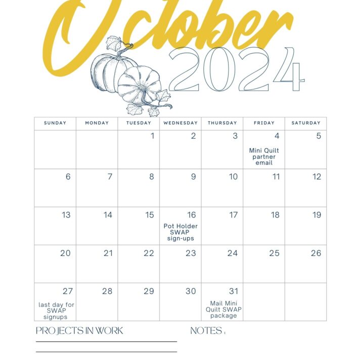 October Update | Printable Calendar - The Sewing Loft